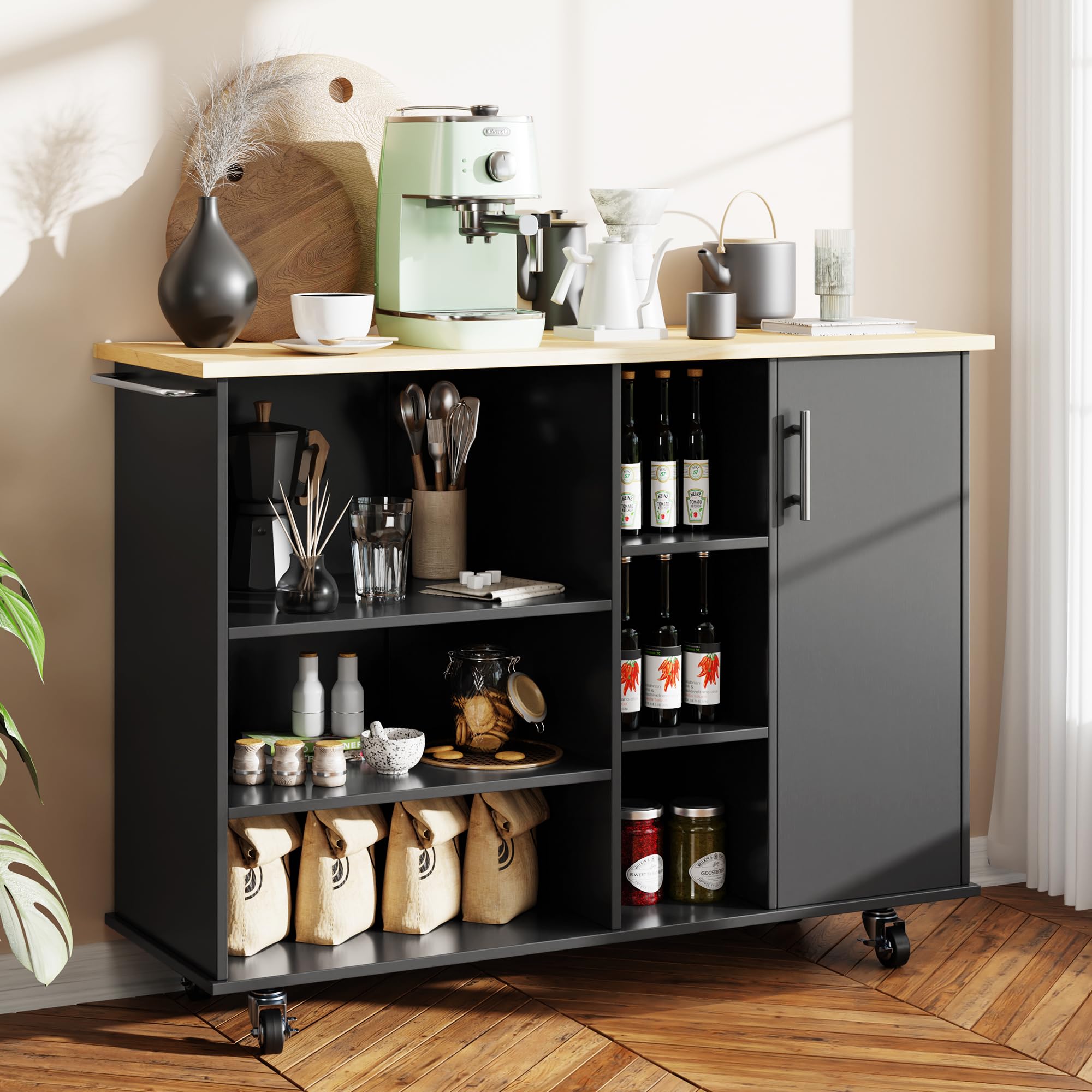 QAQA 48" Kitchen Island Cart Furniture cart on Wheels with Storageļ¼Rolling Portable Dining Room Serving Utility Carts Mobile Movable with Drawers Cabinet,Black
