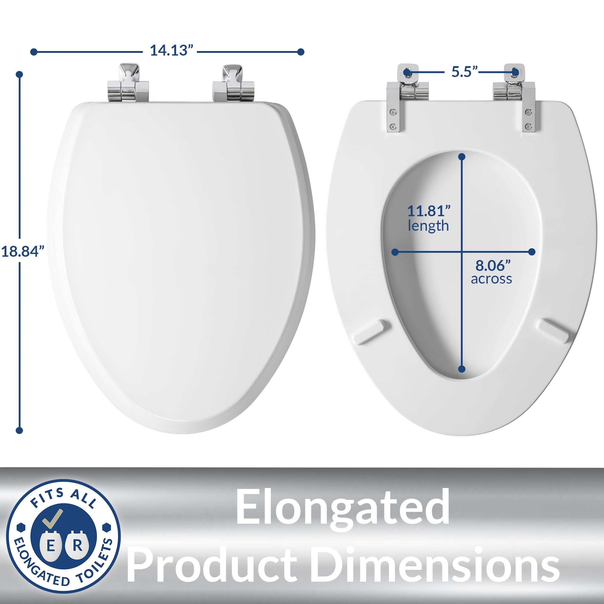 Mayfair Benton Toilet Seat with Chrome Hinges, Slow Close Wood Seat, Secure Metal Hinges, Easy Install, Elongated, White