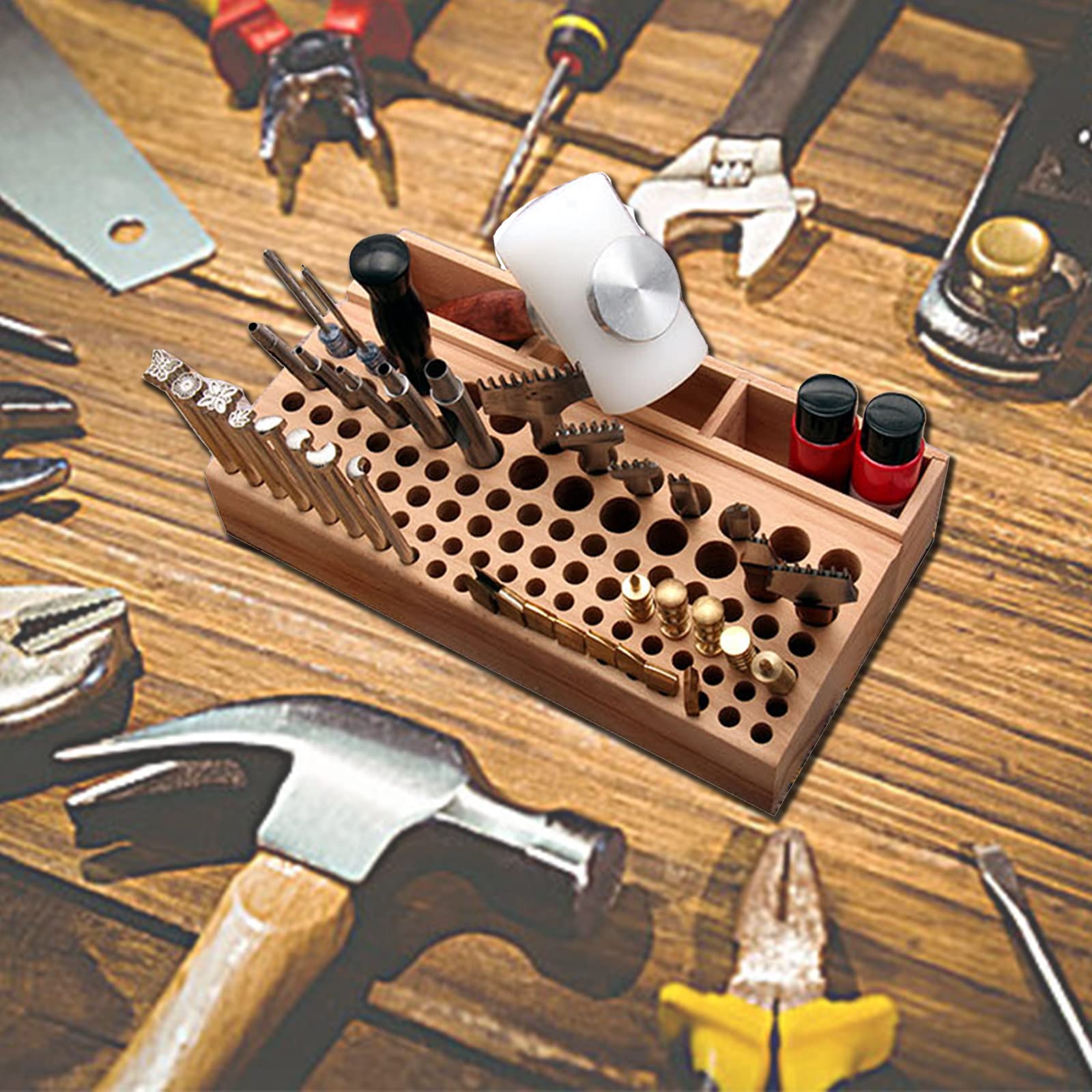 Professional Leather Craft Tool Holder, 98 Holes Wooden Leathercraft Tool Stand Organizer with 3 Slots, Large Tool Rack Storage