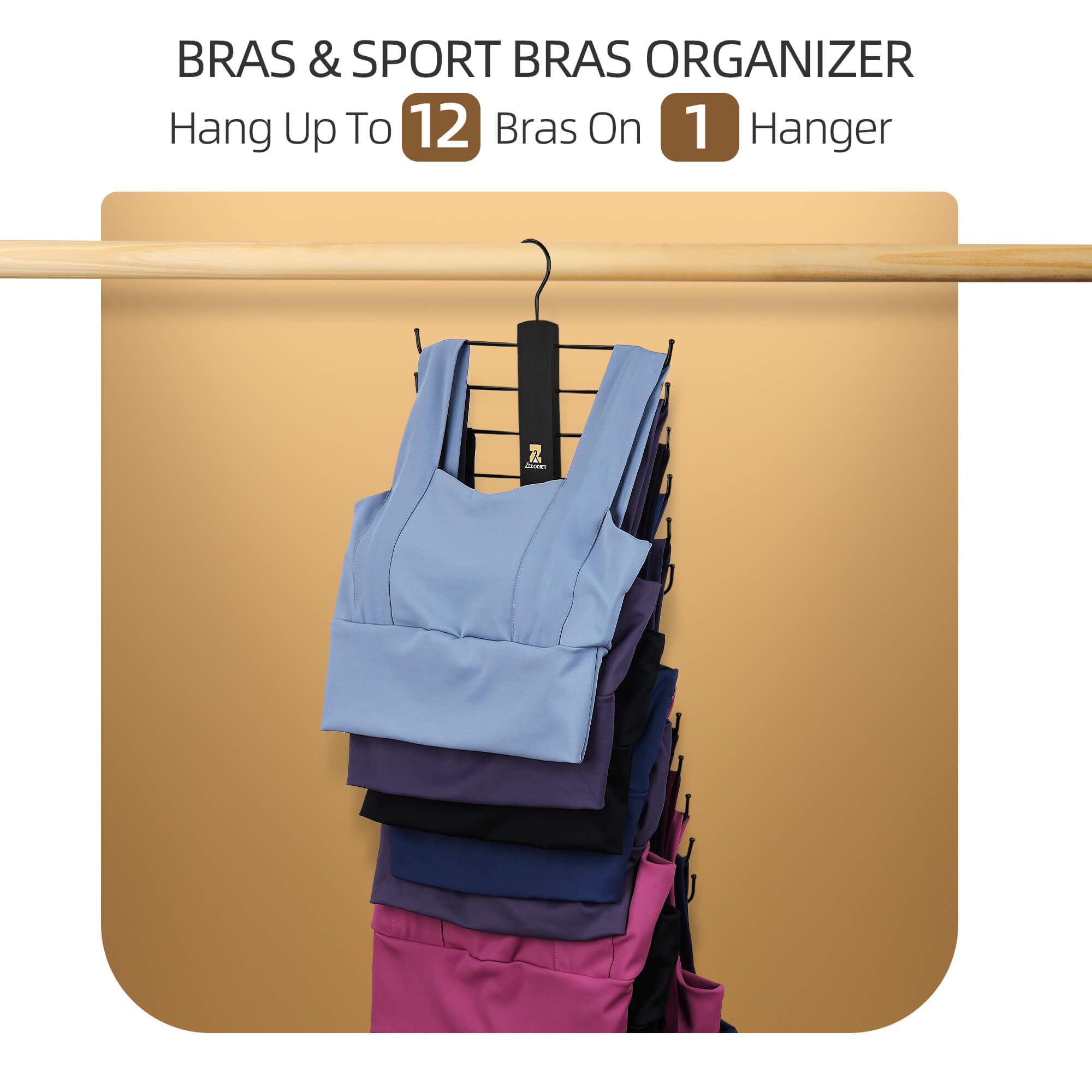 ZEDODIER Tank Top Hanger,2 Pack Wooden Bra Organizer for Closet, 12 Storage Capacity, Top 360° Rotation, Hanging Space Saving Hook for Tank Tops, Sport Bras, Camisoles, Lingeries, Black