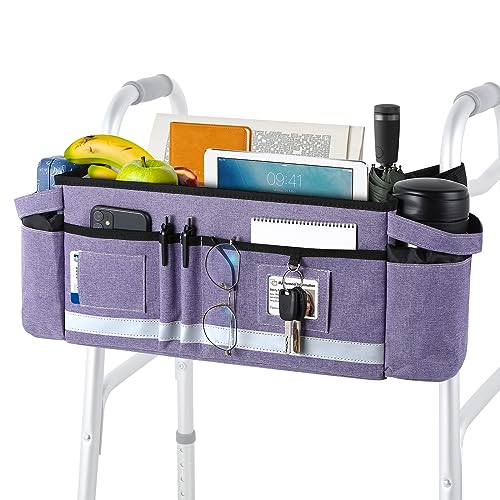 Walker Basket Walker Bag with Cup Holder,Baskets Bag for Walkers for Seniors with Pockets,Walker Pouch Walker Accessories for Folding Walker,Rollator Walkers (Purple)