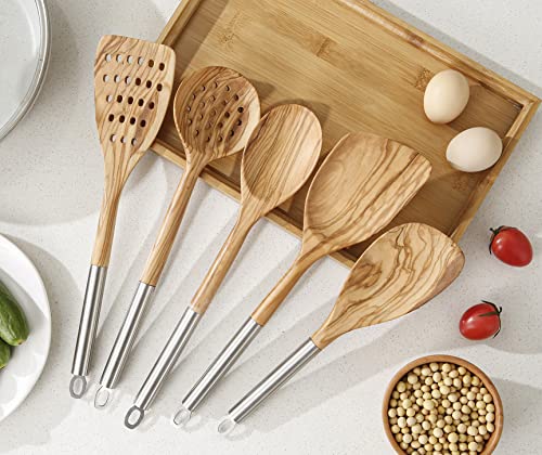 Olive Wooden Spoons for Cooking, NAYAHOSE 5 Pcs Cooking Utensils Set with Stainless Steel Handle, Heat-Resistant Olive Wood Spatulas for Non-Stick Pan