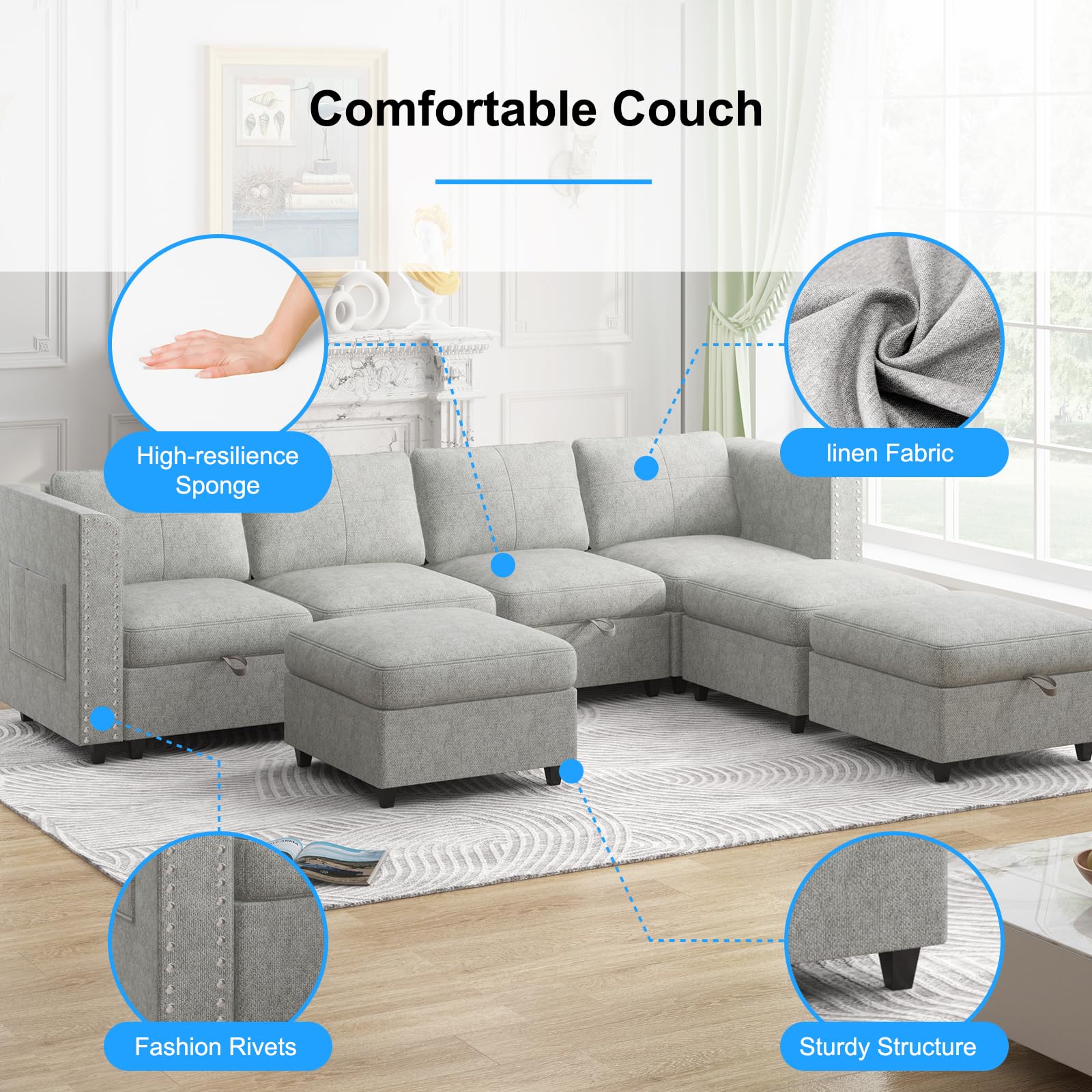 PUREMIND 110" U Shaped Sectional Couch, Modular Convertible Sectional Sofa with Storage, 7 Seat Sofa Couches for Living Room, Light Grey