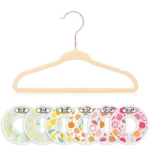 Rose Gold Baby Velvet Hangers 30 Pcs & 6 Closet Organizer Dividers, Non-Slip Kids Hangers, Yellow