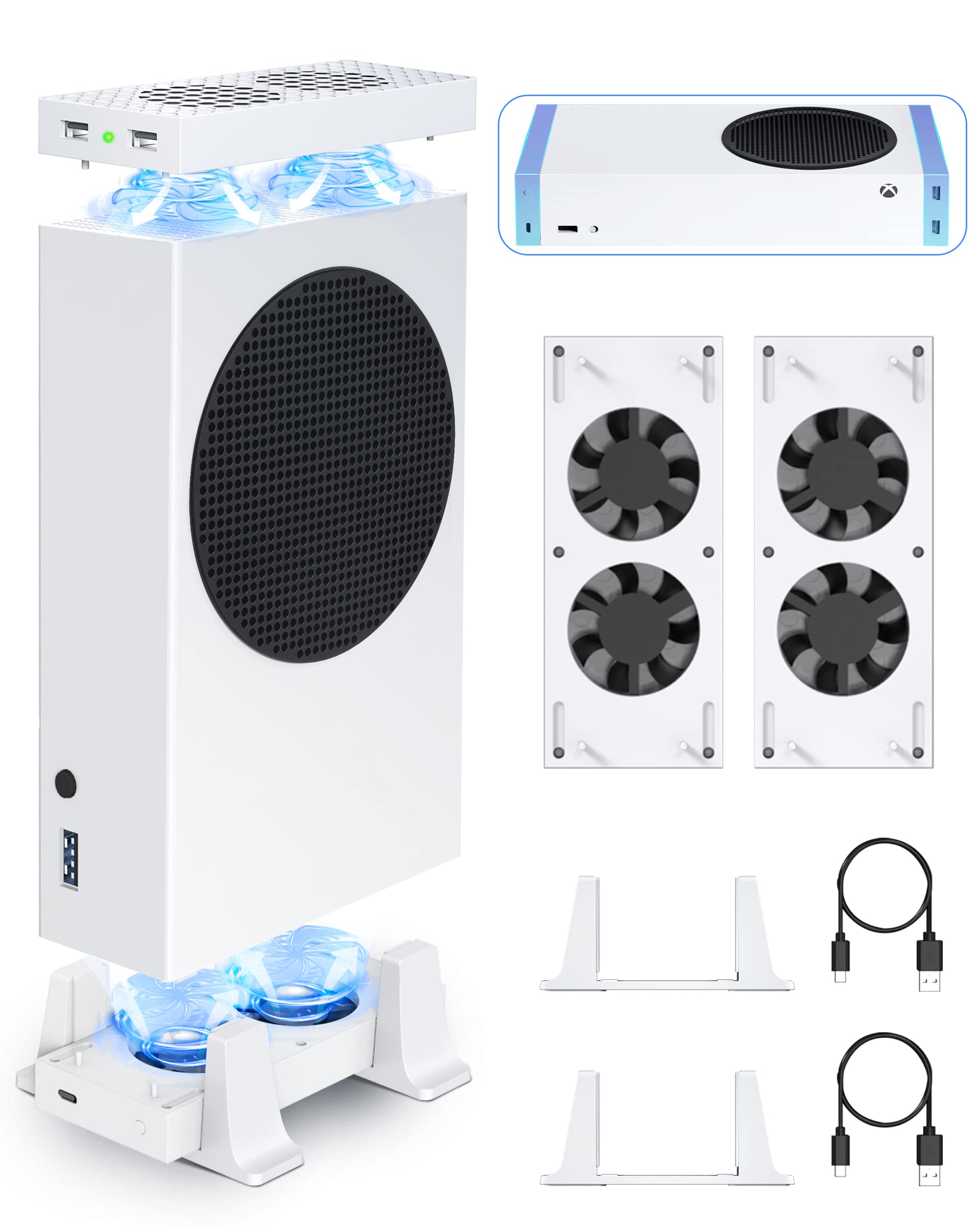 HANTNOOL Upgraded 2 Pack Cooling Fan for Xbox Series S, Top & Bottom Enhanced Fan Cooling System with 3 Level Adjustable Speed and 4 Extra USB Ports and Stand Accessories for Xbox Series S