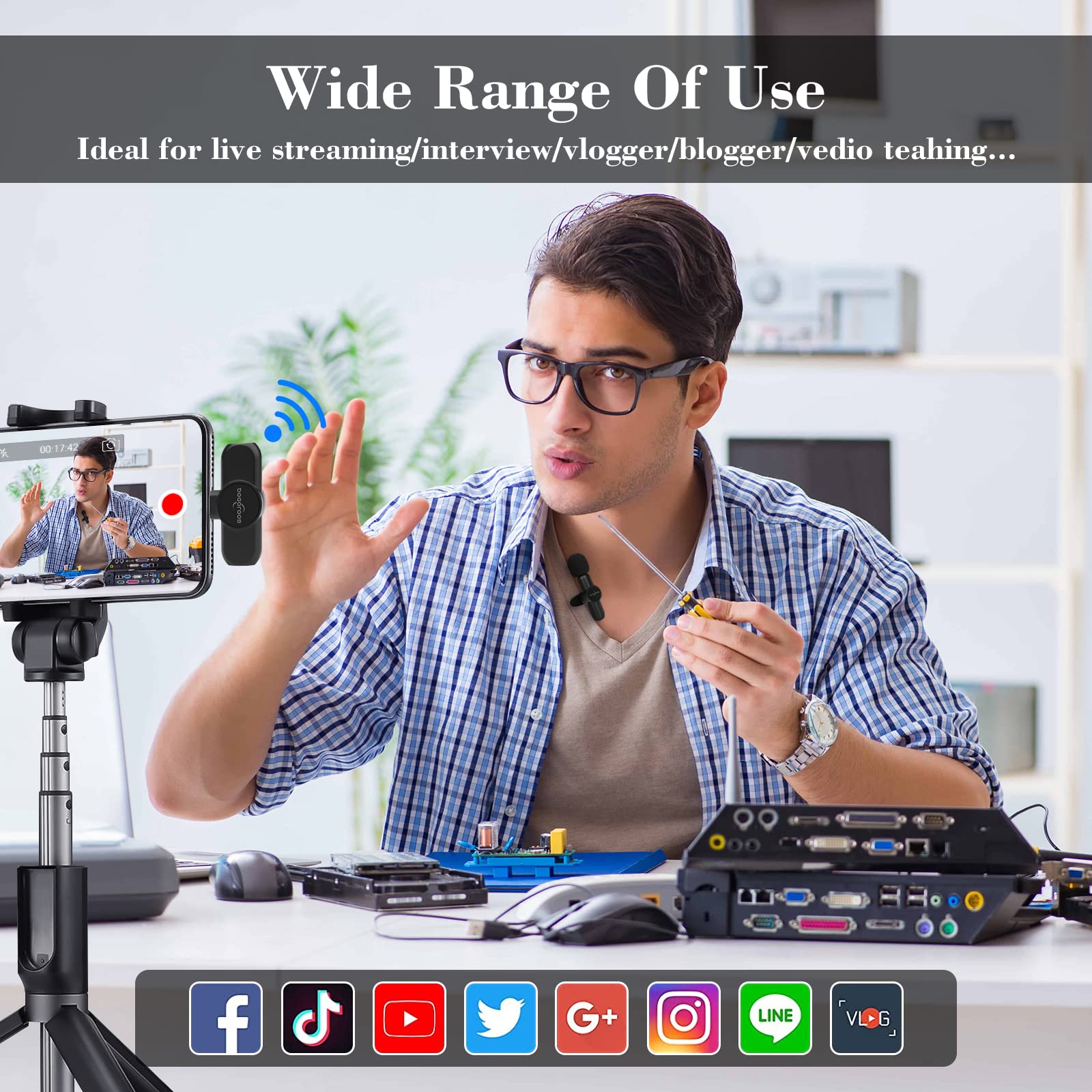 GOOJODOQ Wireless Lavalier Microphone for iPhone iPad,Plug & Play Mini Lapel Mic for TikTok YouTube Facebook Interview Live Stream Vlog Video Recording - Noise Reduction/Auto Sync (2 Microphone)