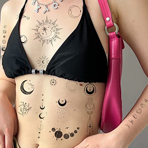 Esland Realistic Moon Sun Stars Space Planets Chain Temporary Tattoos Vertical Spine Tattoo Stickers for Women Men