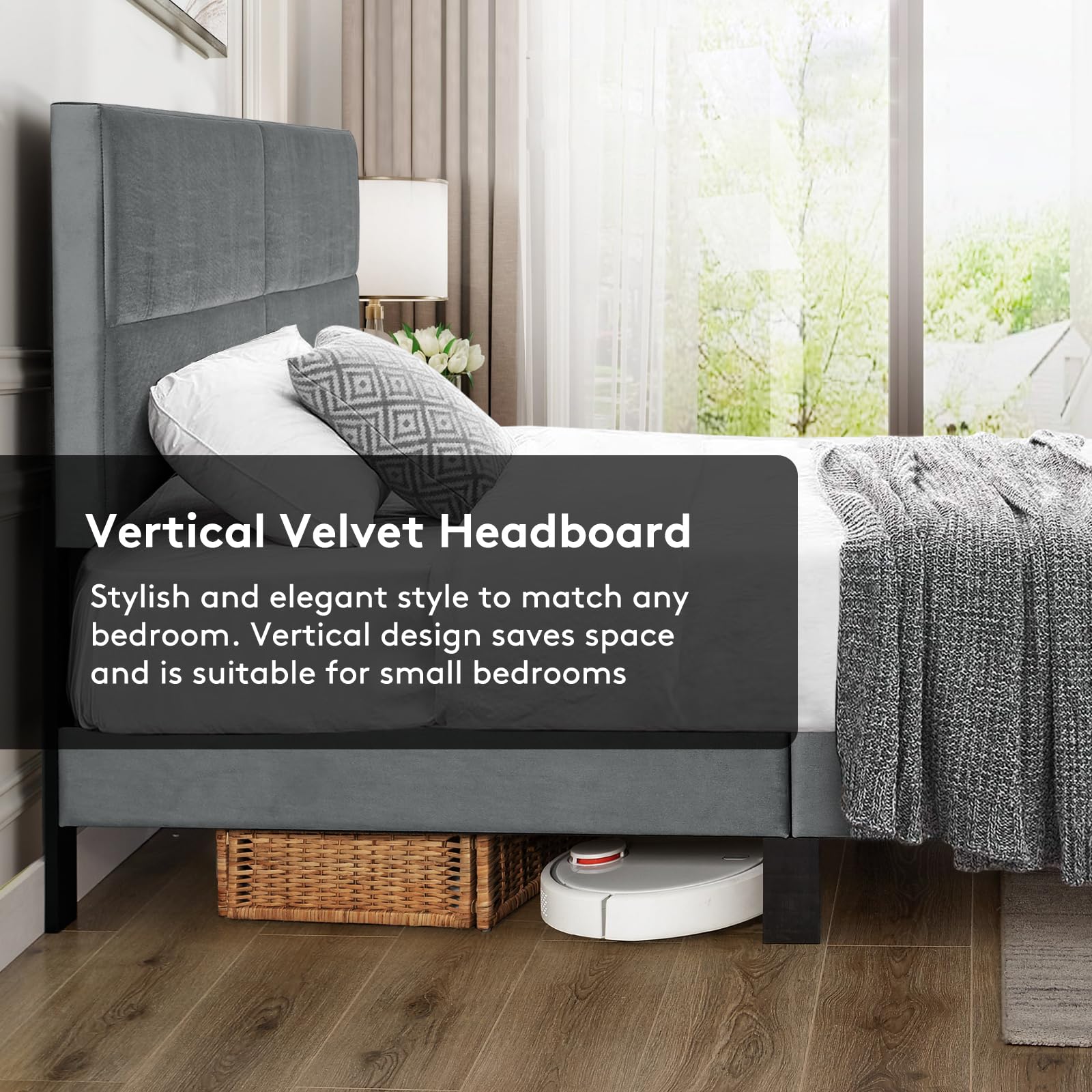 Zeelovtress Queen Size Bed Frame with Adjustable Headboard, Upholstered Platform Bed, Velvet Bedframe Mattress Foundation, Strong Wooden Slat Support, Easy Assembly, No Box Spring Needed, Silver Grey
