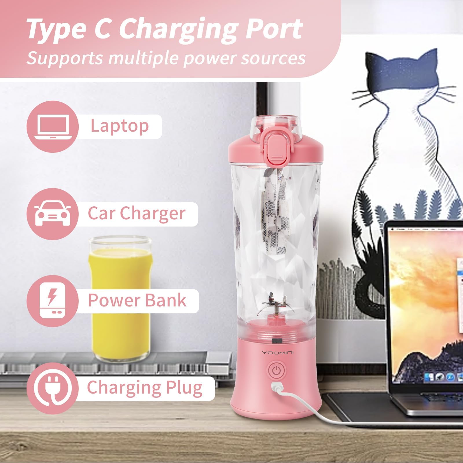 Portable Blender, Personal Blender for Shakes and Smoothies - USB Rechargeable 20oz Mini Blender with 6 Blades and ToGo Cup for Sports Travel Gym