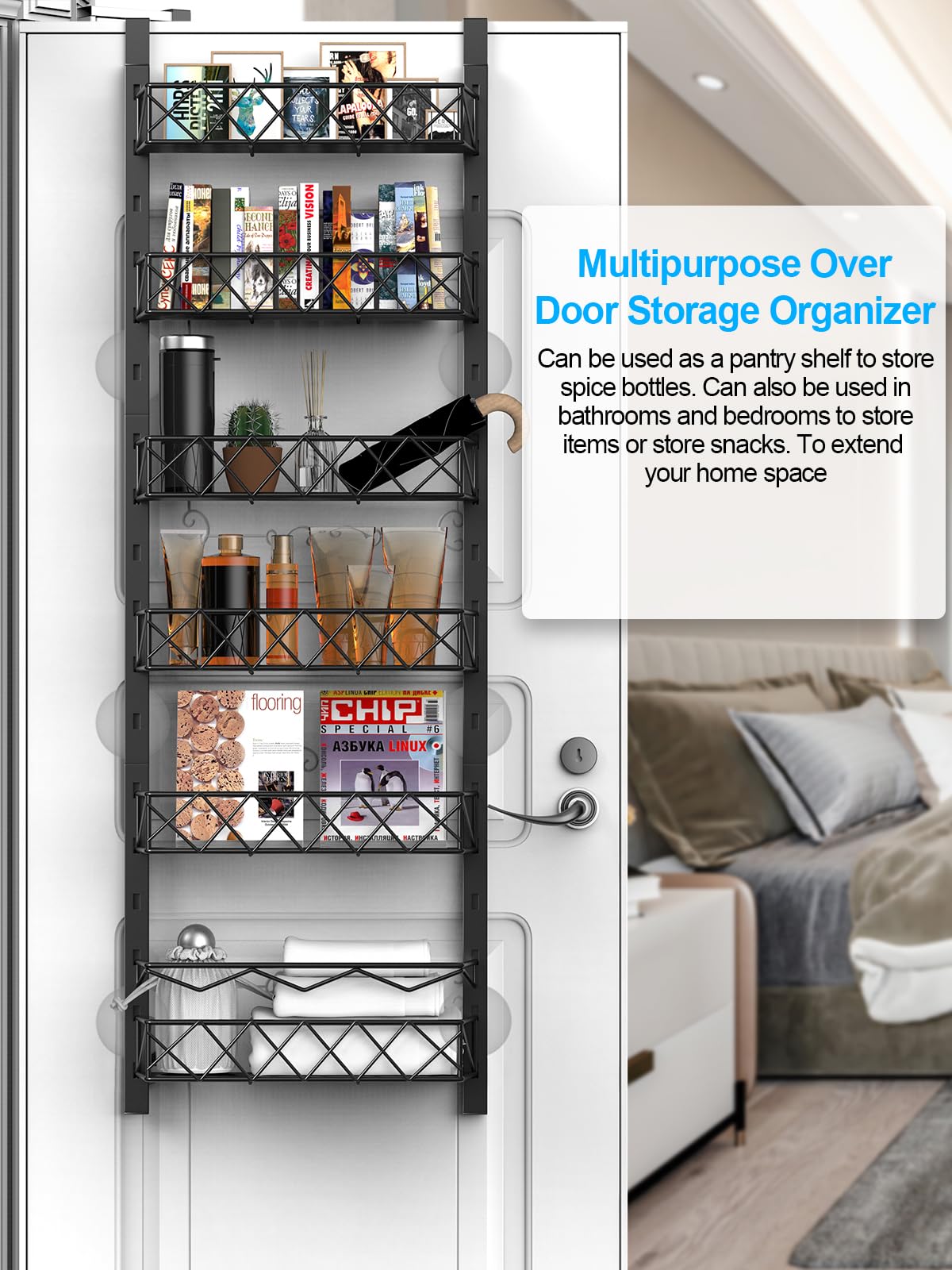 Fulpower Over the Door Pantry Organizer, 6+1 Pantry Door Organizer with Adjustable Basket, Metal Spice Rack Storage for Kitchen Pantry Black (Black 6 Tier)