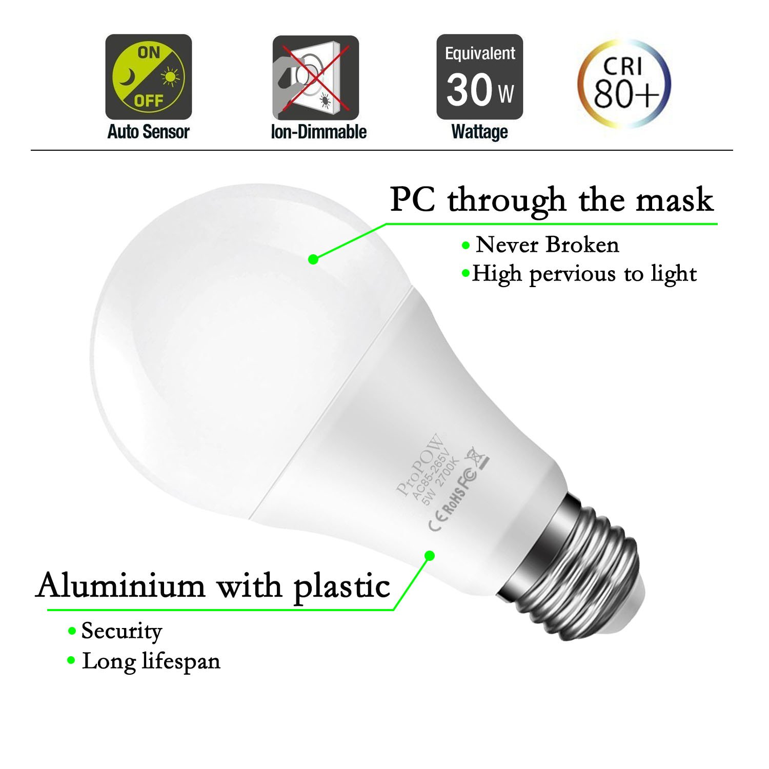 ProPOW Dusk to Dawn Light Bulb, Sensor LED Bulbs Smart Lights Bulb 5W A19 Automatic On/Off, Indoor/Outdoor Lighting Lamp for Porch Garage Driveway Yard Hallway(E26,Soft White,2-Pack)
