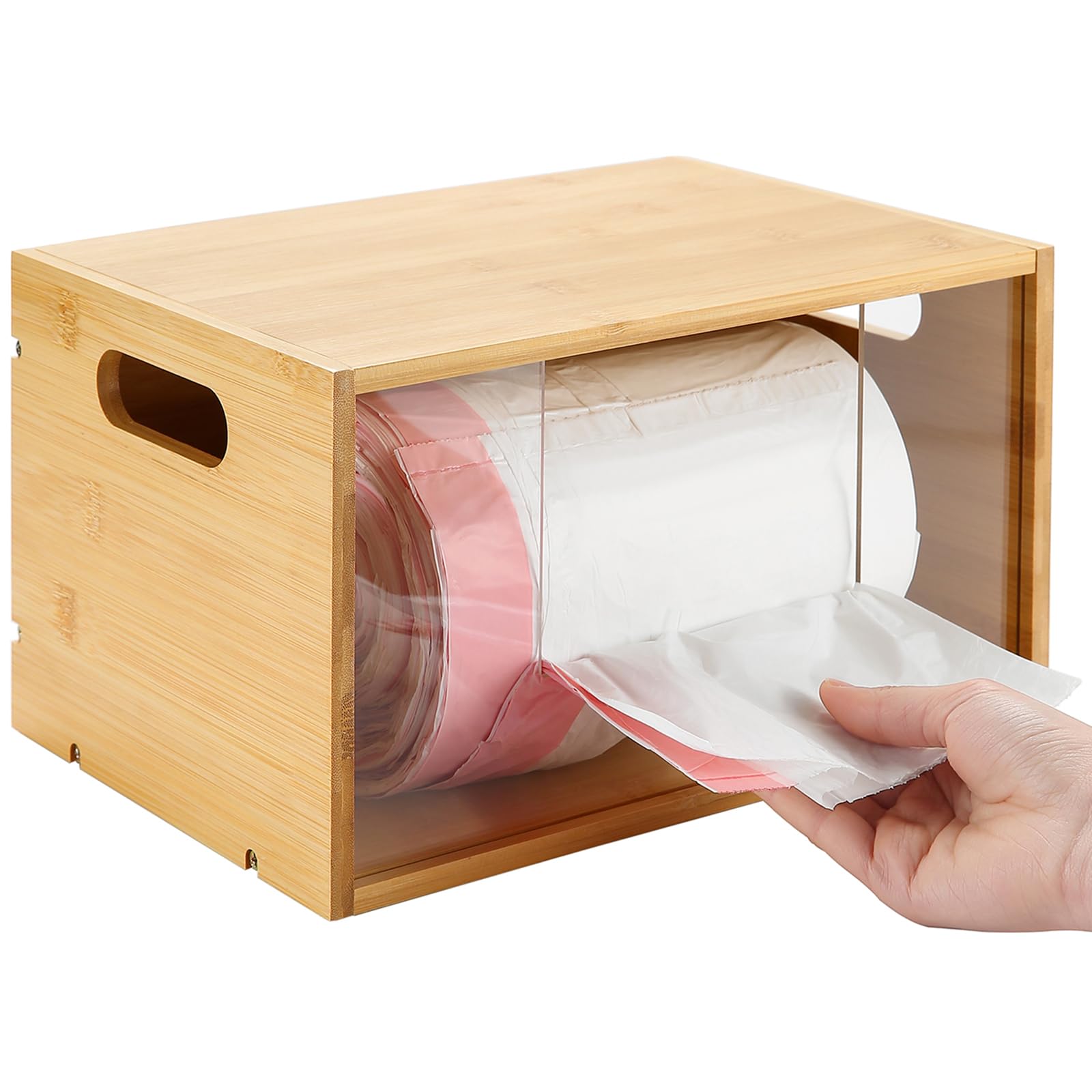 Qozary Extra Large Trash Bag Holder - Wall Mounted Bamboo Trash Bag Dispenser with Handles, Garbage Bag Dispenser Roll Holder for Kitchen Countertop, Under Sink - Keeps Garbage Rolls Neat and Handy