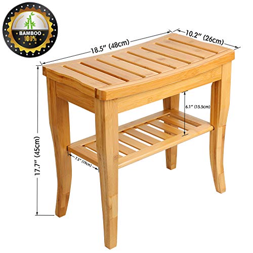 Hossejoy Bamboo Shower Bench Seat Wood Spa Bath Luxury Organizer Stool Shower Chair with Storage Shelf, Perfect for Indoor or Outdoor (19''x10.2''x17.7'')