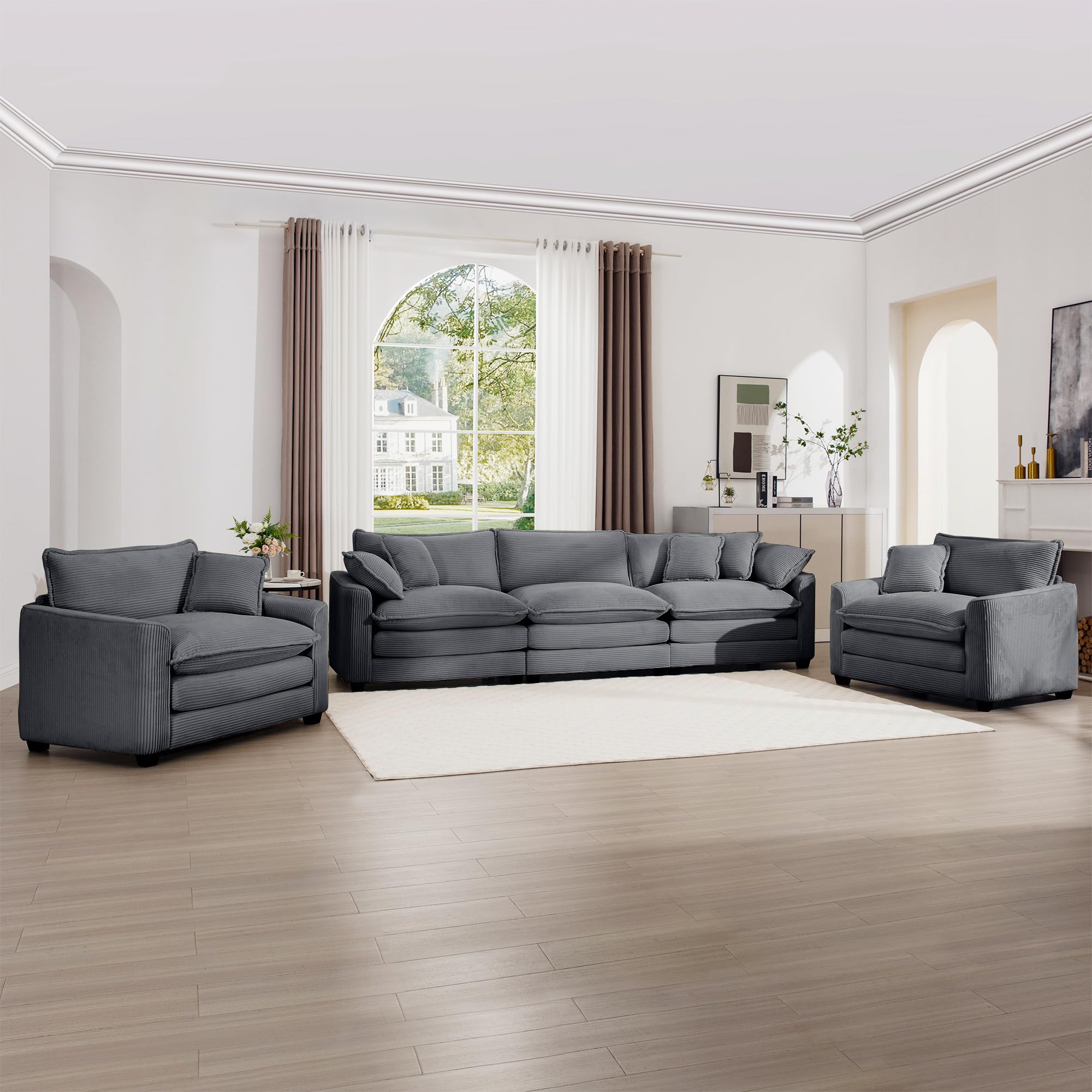mikibama Luxury 3 Piece Sofa Set, 3-Seater & 2 Single Sofa Set, Modern Corduroy Comfy Cloud Couches Set for Living Room Office with 2 Armrest Pillows and 5 Toss Pillows, Grey