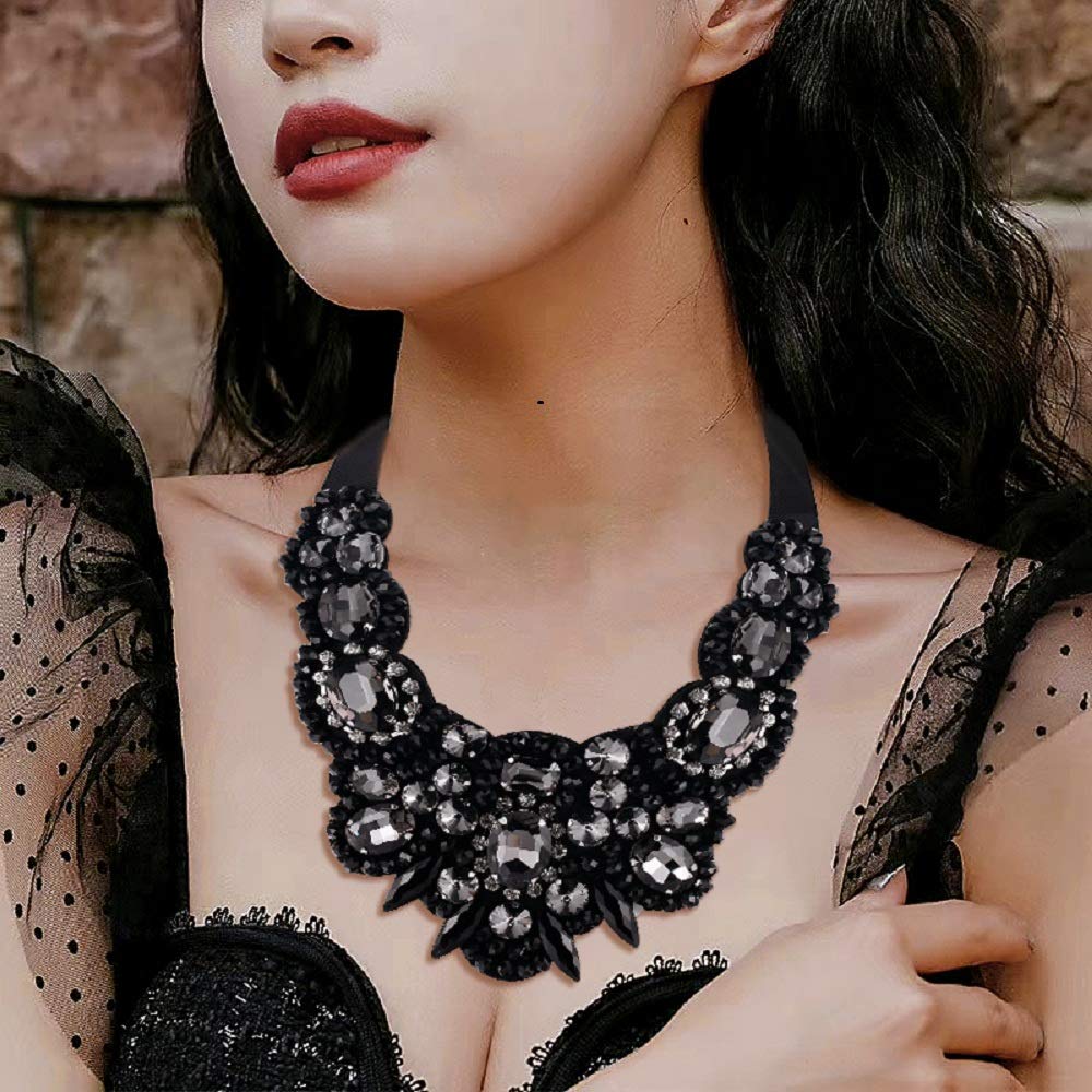 Flyonce Black Rhinestone Crystal Bib Chunky Collar Statement Necklace for Women Costume Jewelry