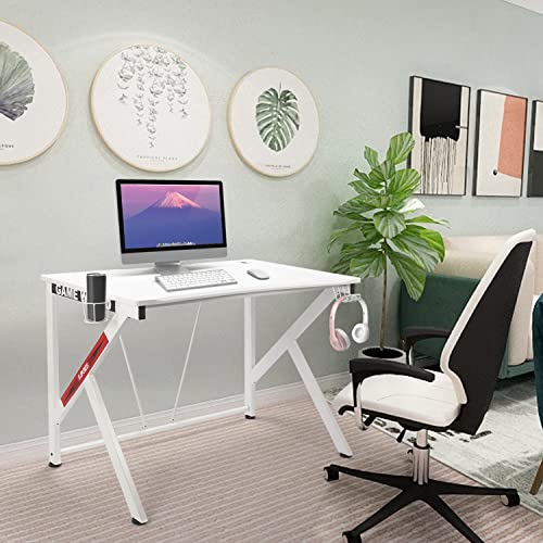 LYNSLIM Gaming Desk 39 Inch – Computer Deak for Home, K Shaped PC Gaming Table, Ergonomic Gamer Desk with Headphone Hook, Cup Holder and Cable Management (White)