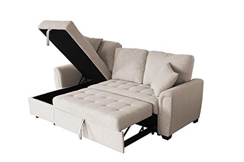 Melpomene Upholstered Sectional Sofa Couch, Convertible Pull Out Bed Sleeper Sofa with Storage 3 Seater L Shaped Couch with 2 Pillows,Linen Fabric Corner Sofa for Living Room(Beige)