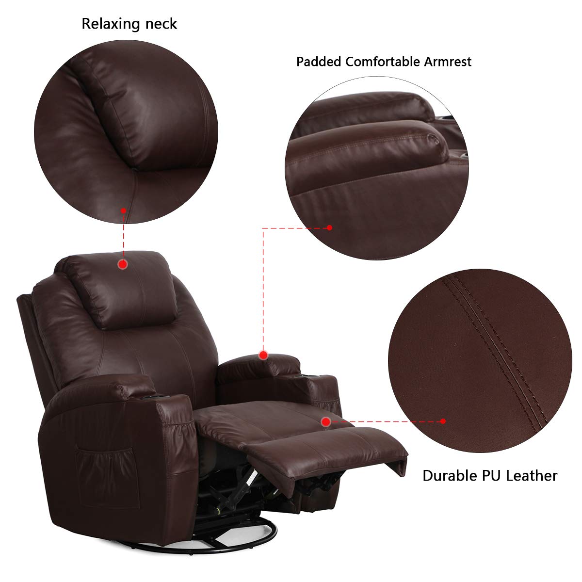 Esright Massage Recliner Chair Heated PU Leather Ergonomic Lounge 360 Degree Swivel, Brown