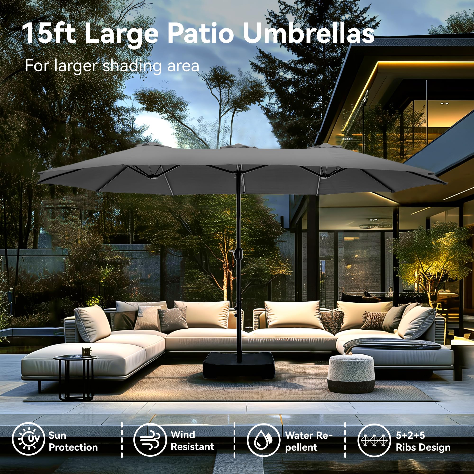 PHI VILLA 15ft Large Patio Umbrellas with Base, Outdoor Double-Sided Rectangle Market Umbrella for Pool Lawn Garden, Light Gray