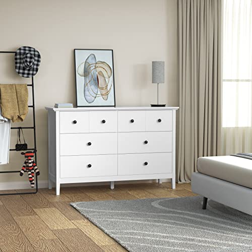 LYNSOM Dresser for Bedroom, Modern White Dresser with Deep Drawers, 6 Drawer Double Dresser with Black Knobs and Solid Wood Legs