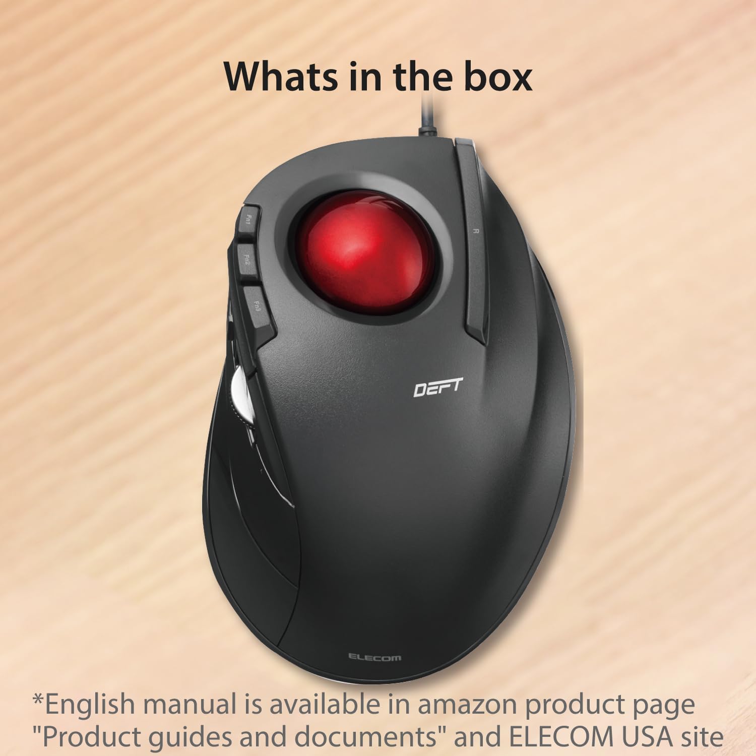 ELECOM DEFT Trackball Mouse, Wired, Finger Control, 8-Button Function with Smooth Tracking, Ergonomic Design, Optical Gaming Sensor, Smooth Red Ball, Windows11, macOS (M-DT2URBK-G)