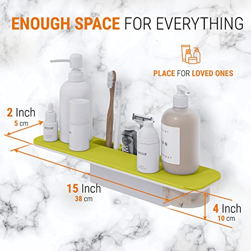 KUKAKETA Bathroom Organizer Shelf with Toothbrush Holders, Soap Dish, Shower Caddy Bathroom Shelves Wall Mounted Shower Shelf Space Saver Bathroom Storage - Adhesive or Drilling (white - yellow)