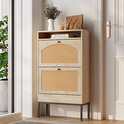 Wanttii Rattan Shoe Cabinet with Charging Station, Shoe Storage Cabinet with 2 Flip Drawers, Slim Shoe Storage for Entryway, Hallway, Living Room (Natural)