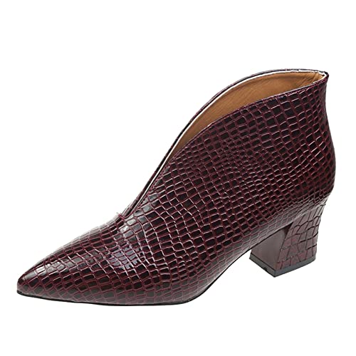 FASDNENDYS Fashion Autumn Women Boots Chunky Heel Mid Heel Print Solid Color Pointed Toe Comfortable Slip On Women's Shoes Size 13 Wine