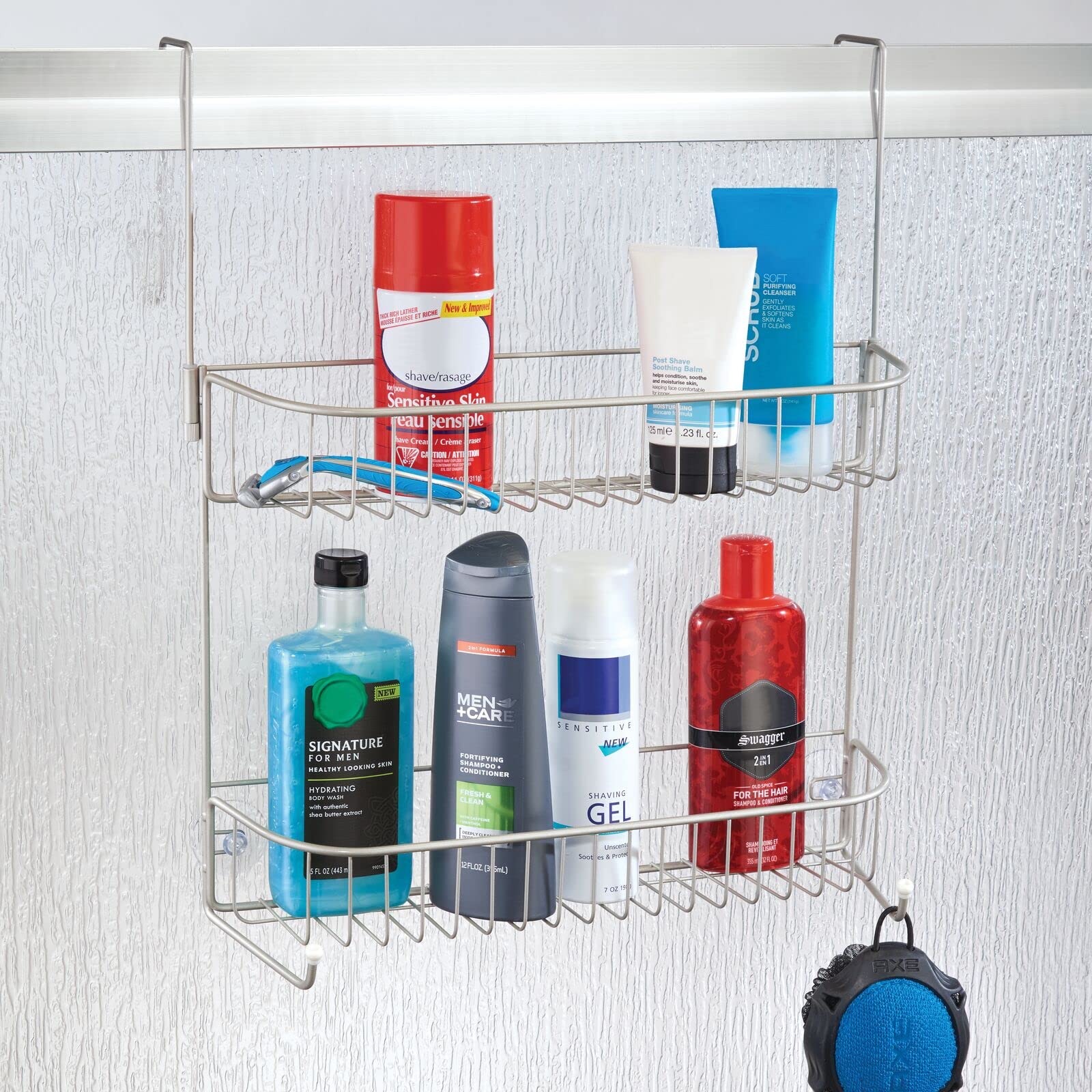 mDesign Extra Wide Metal Wire Over The Bathroom Shower Door Caddy, Hanging Storage Organizer with Built-in Hooks and Baskets on 2 Levels for Shampoo, Body Wash, Loofahs, Rust Resistant - Satin