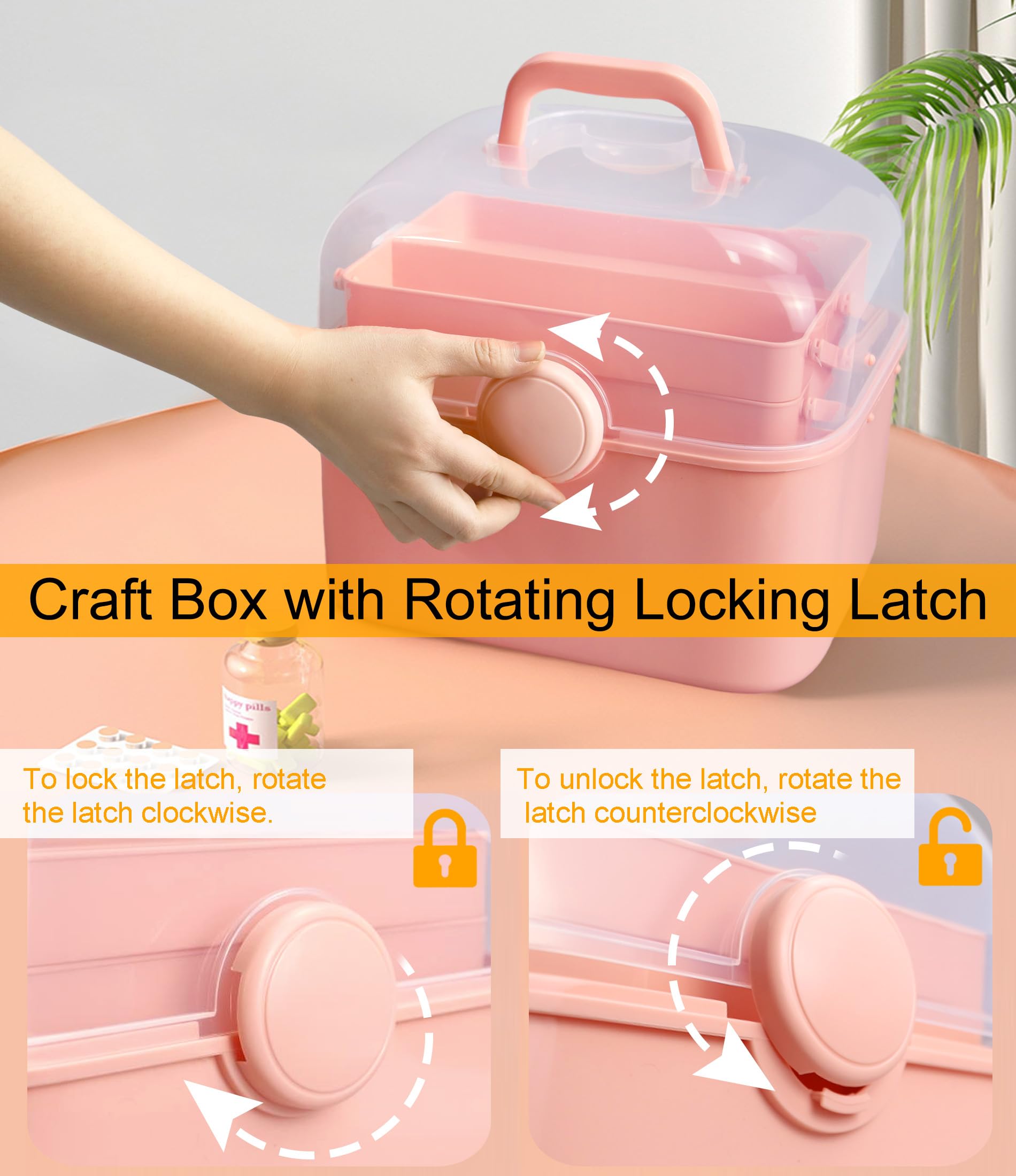 Qudqju Craft Box Organizer Pink Tackle Box Art Storage Box with Handle Sewing Box Organizer First Aid Box Girls Tackle Box Hair Accessories Organizer Travel Makeup Case 3-Layer Crafting Box