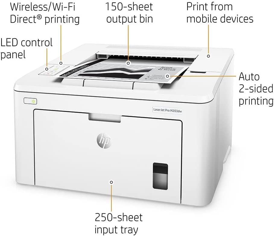 HP Laserjet Pro M203dw Single-Function Wireless Monochrome Laser Printer for Home Office - Print Only - 30 ppm, 1200 x 1200 dpi, 8.5 x 14, Auto Duplex Printing, Ethernet, Cbmou Printer Cable