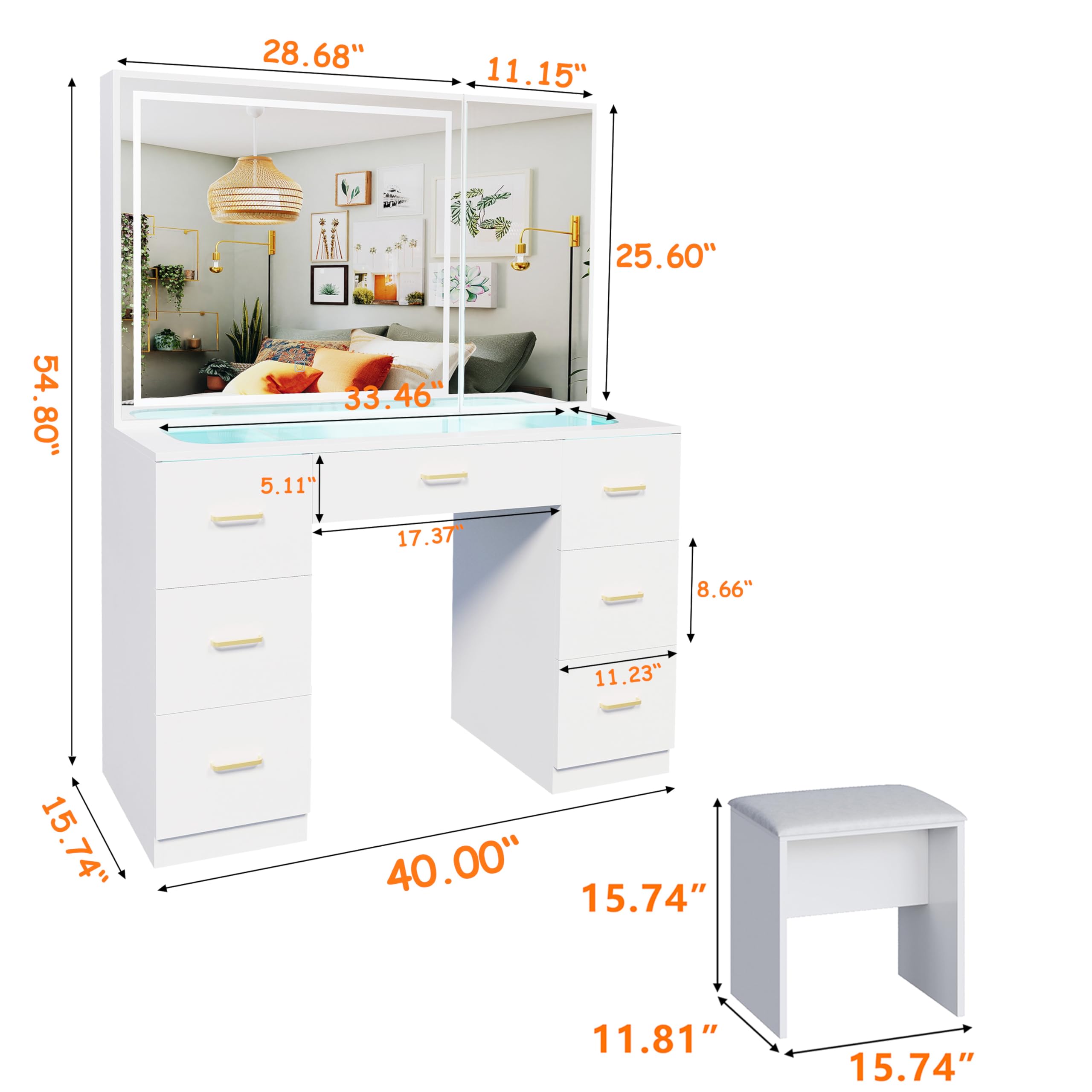 Jartoil Large Lighted Vanity Desk, 7 Drawers & Transparent Glass Tabletop, Adjustable Lighting - for Women, Girls (White-Glass Tabletop)