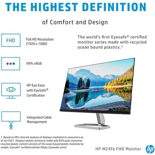 HP M24fe FHD Monitor 23.8-inch IPS AMD FreeSync 5ms GtG Response Time Eyesafe Certified On-screen Controls Low Blue Light Mode Anti-Glare, Black (Renewed)