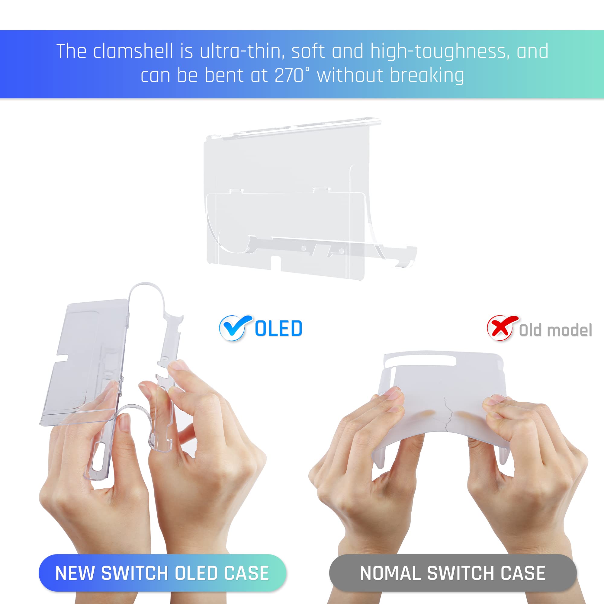 FUNDIARY Switch OLED Clear Case, Protective Cover for Nintendo Switch OLED Model Accessories with Screen Protector and 8 Pcs Thumb Caps - Ultra-Slim Dockable & Flip Shell