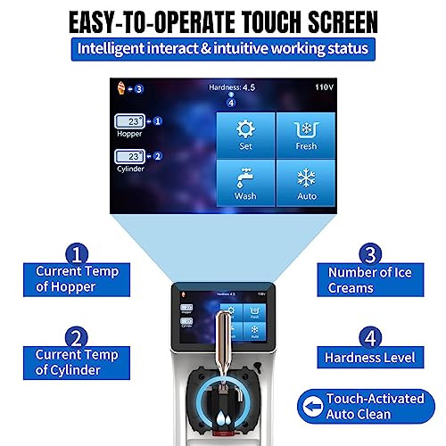 XPW Commercial Ice Cream Machine - 1000W Single Flavor Soft Serve 110V Ice Cream Maker Machine 2.7 to 4 Gallons/H Touch LCD display & Auto Clean, Ideal Ice Cream Machine for Home Bars Restaurants