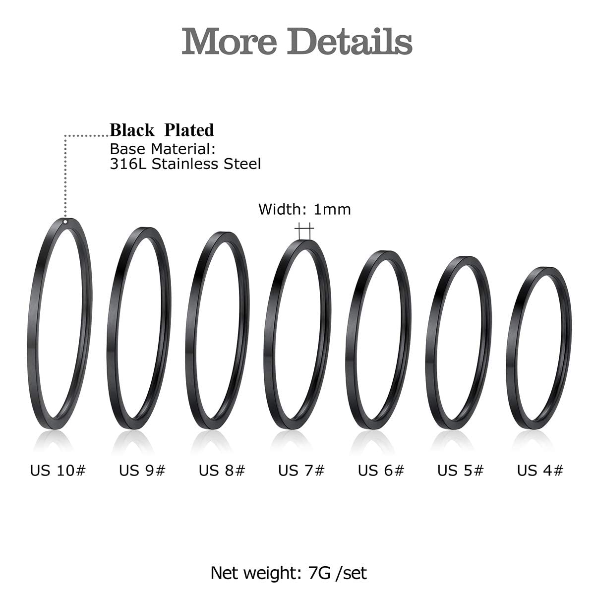 FOCALOOK Black Ring Set 1 mm Thin Mid Finger Rings 7 Pcs Black Knuckle Plain Band Rings for Women Thumb Stacking Rings Size 4-10