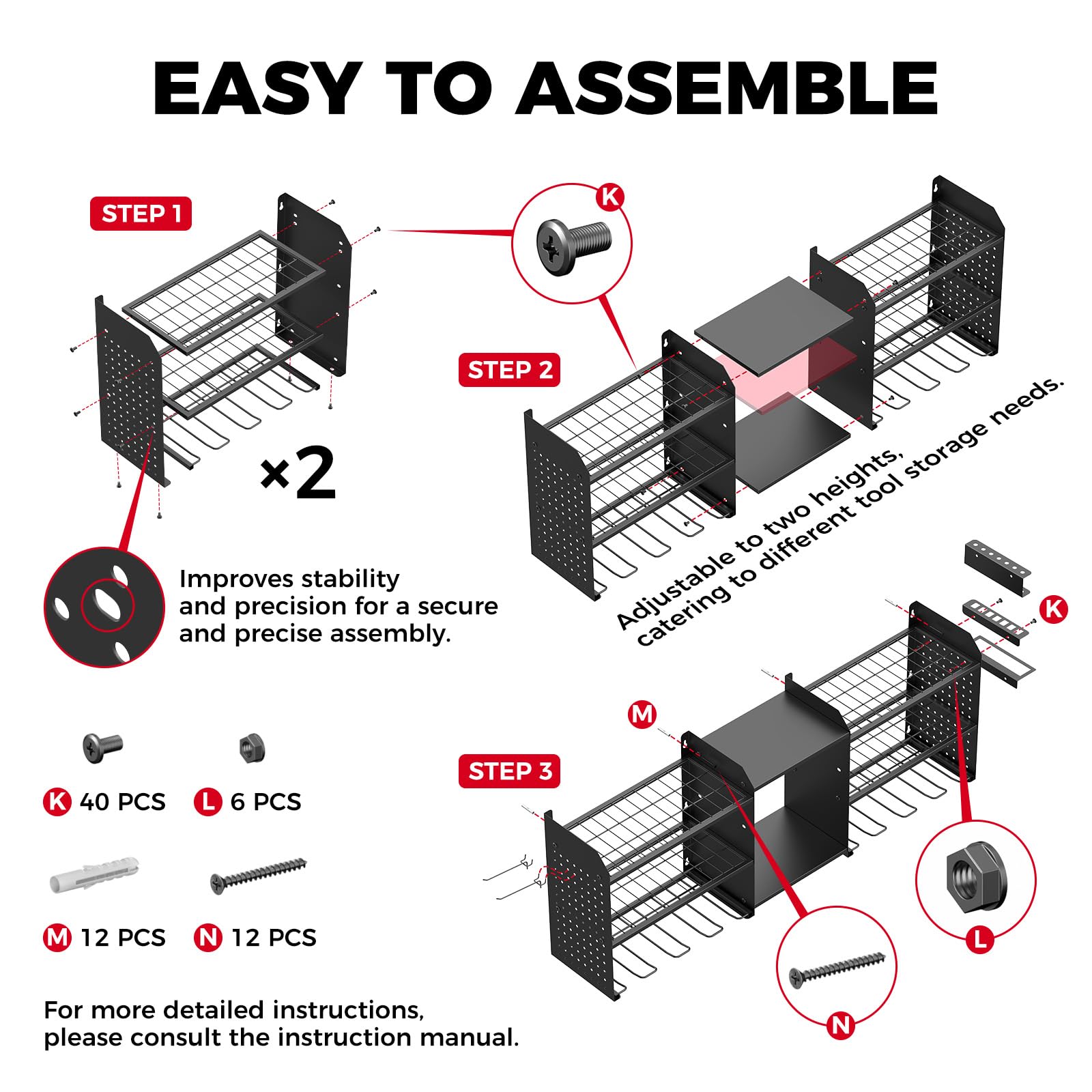 Power Tool Organizer Wall Mount, 8 Drill Tool Organizer, 3 Layer Heavy Duty Metal Tool Storage Rack and Garage Organizer with Hammer Rack/Plier Rack/Screwdriver Rack/Hooks (8 Drill Tool Organizer)
