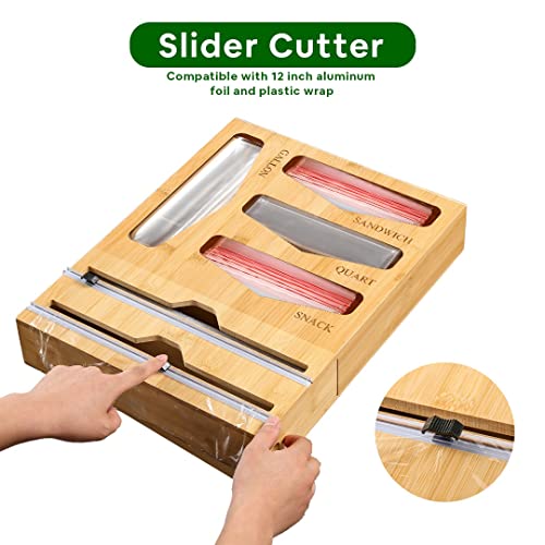 THE AJ STORE Storage Bag Organizer: 6-in-1 Bamboo Slider Bag Dispenser for Kitchen Drawer with Aluminum Foil and Wrap Cutter, Compatible with Ziploc Hefty Glad Solimo - Gallon Quart Sandwich Snack