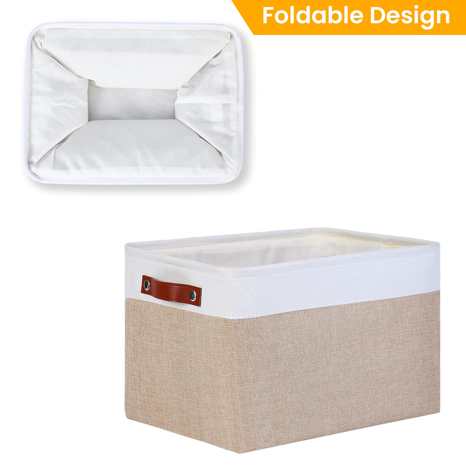 Ecegeva Fabric Storage Bins, Large Storage Baskets with Handles for Toys Towels Books Organization, Foldable Linen Cloth Storage Baskets for Organizing Closet Laundry Nursery(White&Khaki)