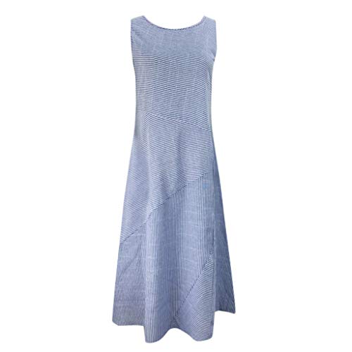 Dresses for Women Sleeveless Stripe Casual Loose Linen Maxi Dress with Pockets (XL, Blue)