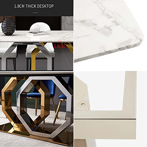POVISON Modern Faux Marble Dining Table for 6-8, White Rectangular Dining Table Tabletop with Steel Golden Hexagonal-Legs, Kitchen Table for Dining Room Table, 63'' (Table only)