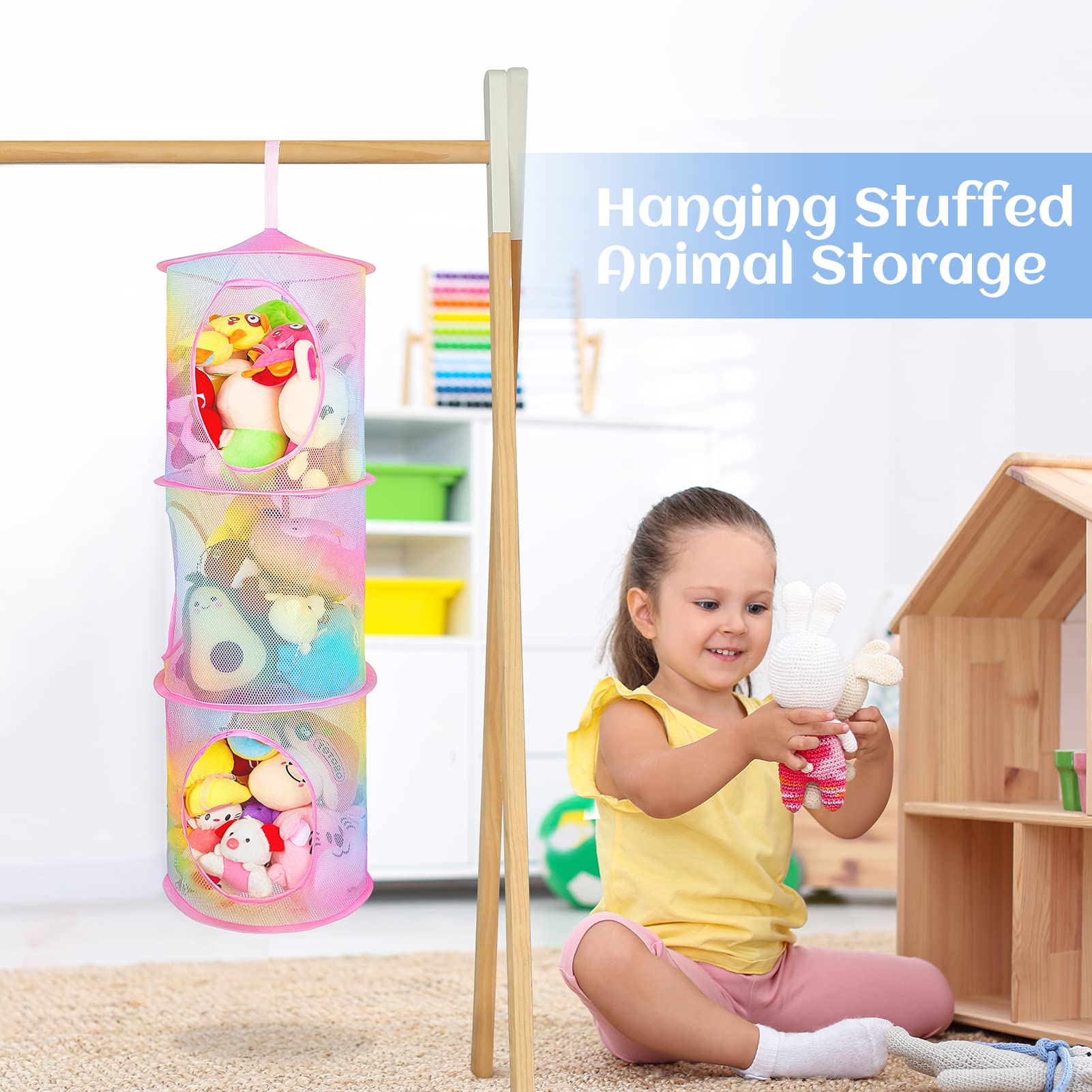 FIOBEE Stuffed Animals Hammock Net Toy Storage 2 Pack Hanging Stuffed Animals Organizer Holder Mesh Toy Organizer with 3 Compartments for Girls Room Closet Kids Playroom