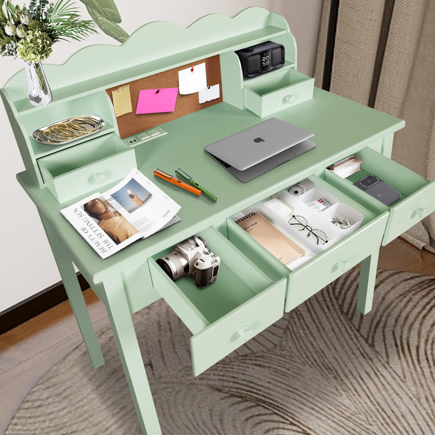 FUNKOCO Home Office Furniture Writing Desk,Computer Work Station with Detachable Hutch,5 Drawers (Sky Blue)