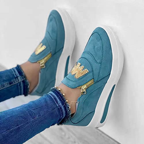 FASDNENDYS Ladies Fashion Solid Color Flock Side Zipper Platform Comfortable Casual Sports Shoes Shower Shows Blue