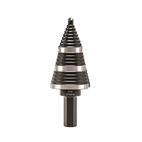 Klein Tools KTSB15 Step Drill Bit #15 Double Fluted 7/8 to 1-3/8-Inch with Easy-to-Read Step Markings and Targets, 3/8-Inch Hex Shank