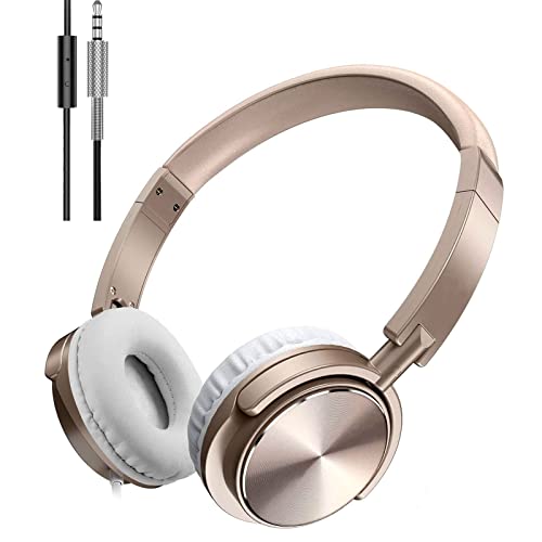 Nasuque Headphones with Microphone, Foldable Wired Headphones with Deep bass, Adjustable Headband and Noise Isolation for Smartphone Computer Laptop Chromebook MP3/4, (Gold)