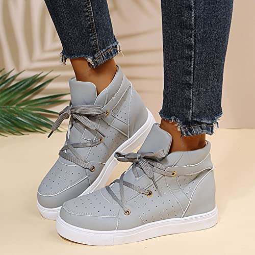 FASDNENDYS Ladies Fashion Solid Color Leather Surface Breathable High Top Lace Up Flat Casual Dotted Shoes Grey