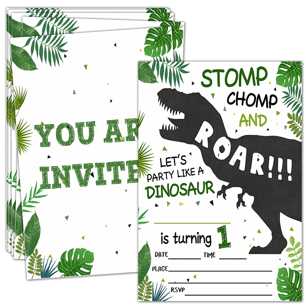ukebobo 1st Birthday Party Invitations with Envelopes – Dinosaur Birthday Party Invitations, Dinosaur Party Decorations– 20 Cards with Envelopes（bwl-01）