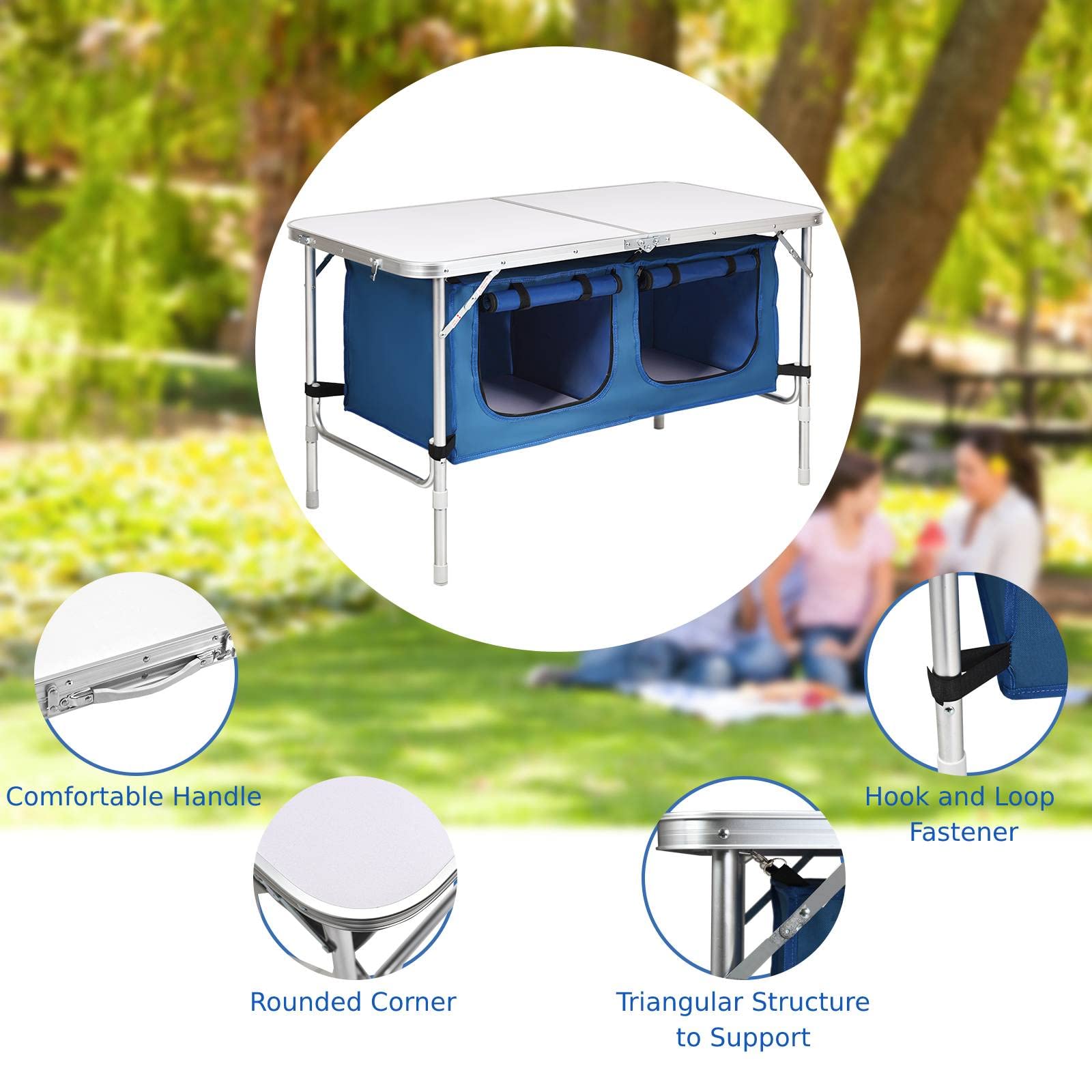 Happytools Portable Camping Table with Storage, Lightweight Aluminum Folding Table with Adjustable Legs, Outdoor Foldable Picnic Table for BBQ, Cooking, Camp & Party (Grey)