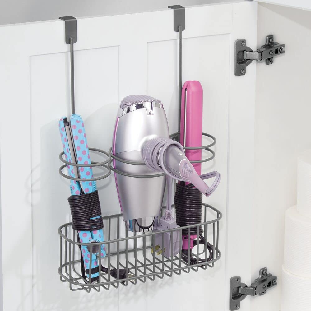 mDesign Steel Over Cabinet Door Hair Care/Hot Styling Tool Organizer Storage Basket for Hair Dryer, Flat Irons, Curling Wands, Straighteners, Space-Saving 3 Sections, Concerto Collection Graphite Gray